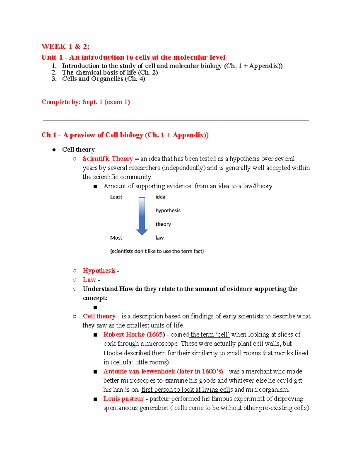 Cell bio Unit 1 - notes from book - WEEK 1 & 2: Unit 1 - An ...