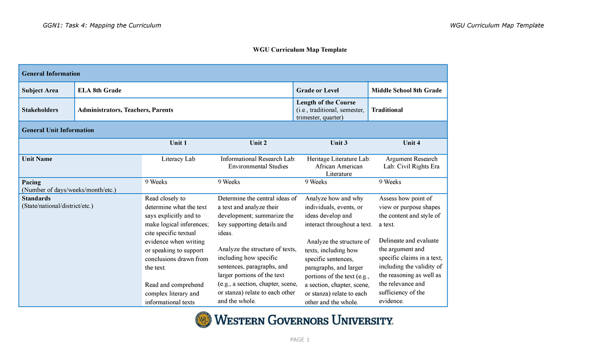 GGN1: Task 4 - Curriculum Map for 8th Grade ELA Standards - Studocu