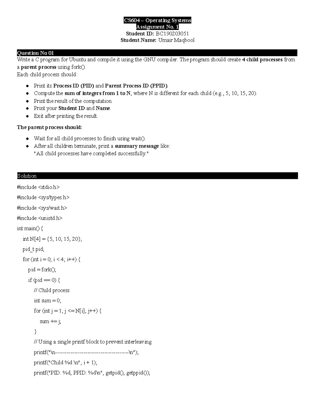 CS604 Operating Systems Assignment 1: C Program with Fork() - Studocu