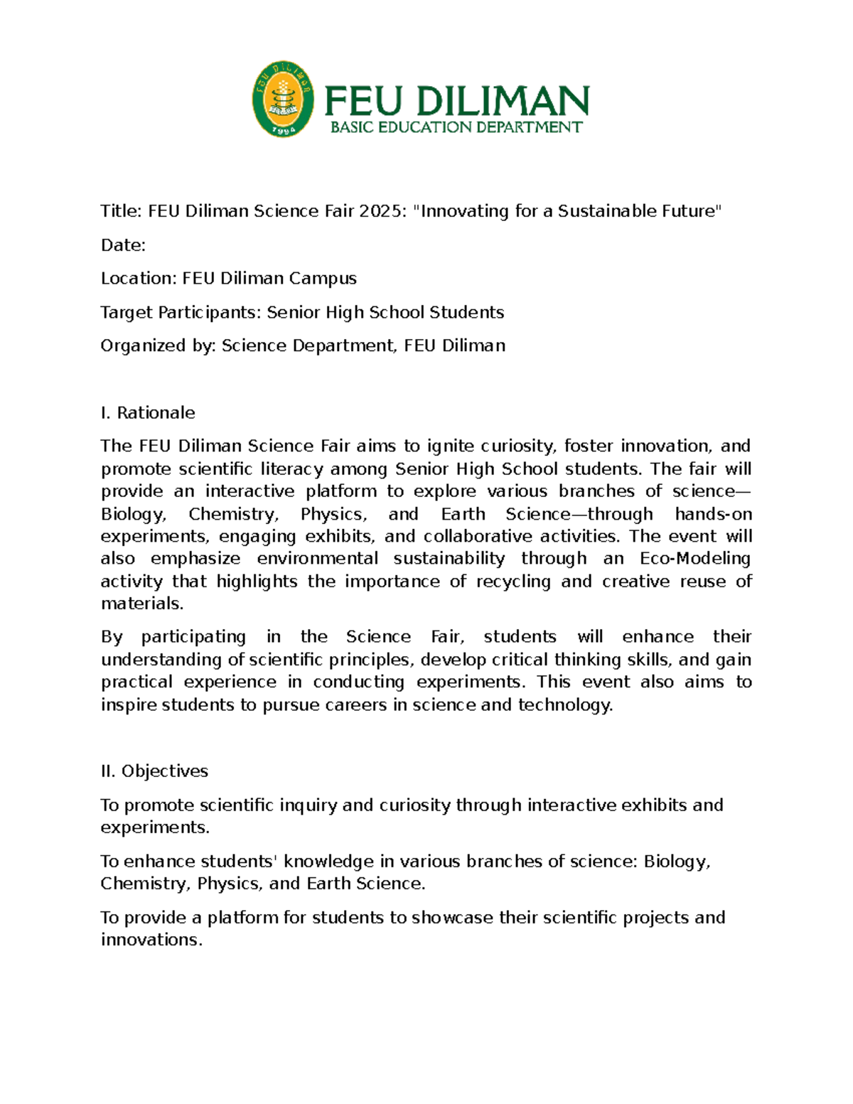 FEU Diliman Science Fair 2025 Proposal: Innovating for Sustainability ...