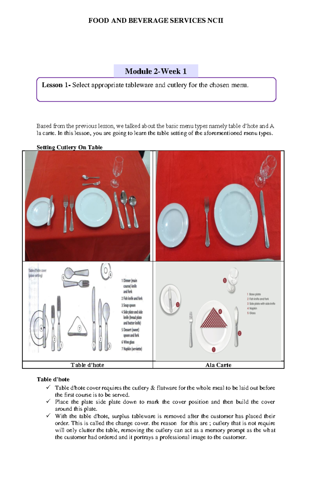 Lesson 1: Tableware & Cutlery Setup for Menu Types (FBS NCII) - Studocu
