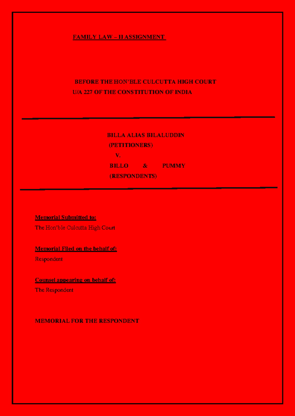 FAMILY LAW II ASSIGNMENT: BILLA ALIAS BILALUDDIN V. BILLO - CULCUTTA HC ...