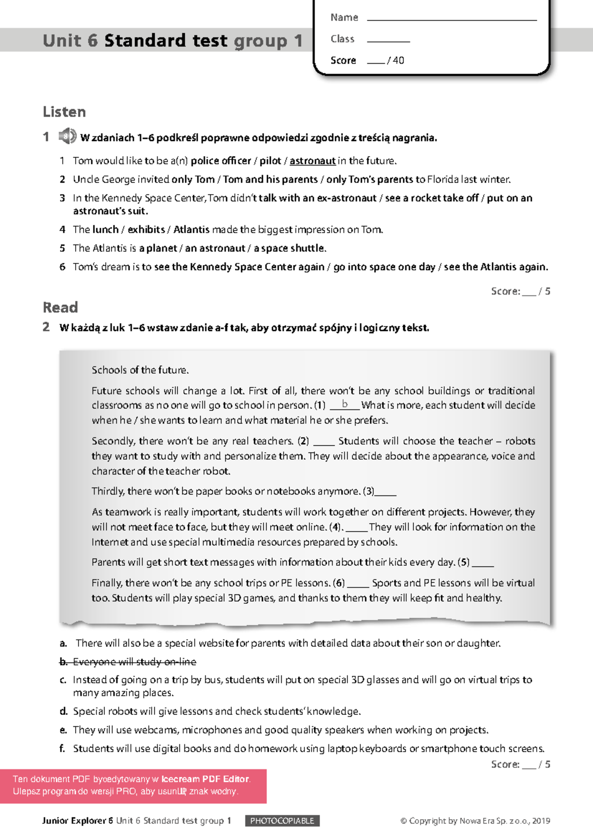 Junior Explorer 6 Unit 6 Standard Test Group 1 - Class Assessment - Studocu
