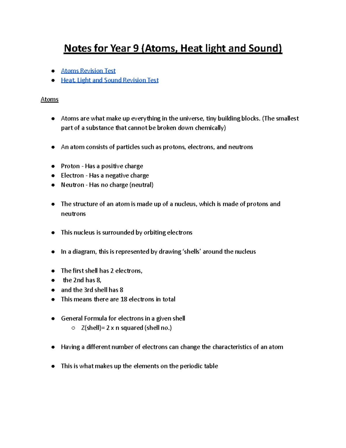 Notes for Year 9 (Atoms, Heat light and Sound) - (The smallest part of ...