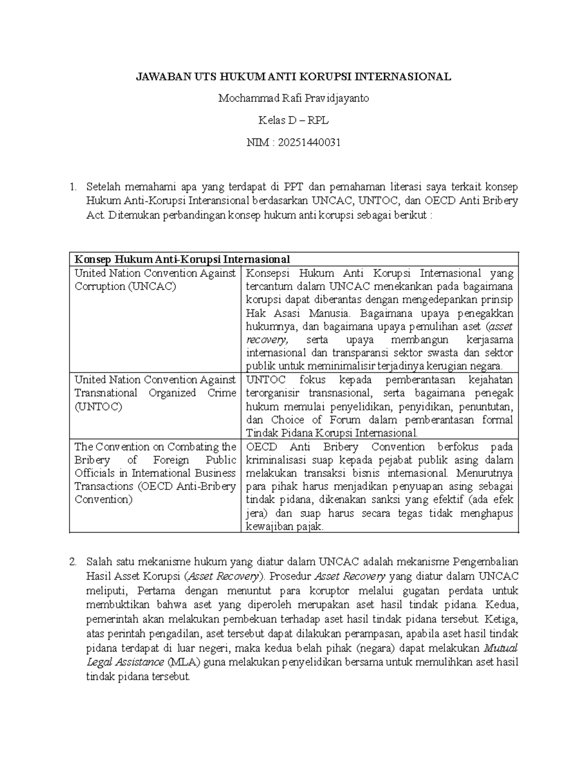 Jawaban UTS Hukum Anti Korupsi Internasional (RPL D) - Studocu