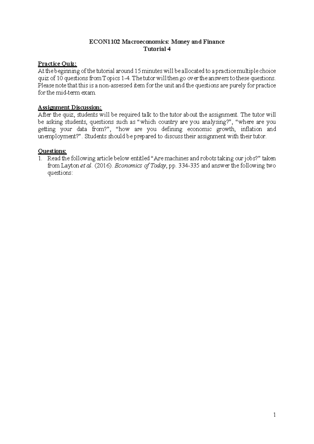 ECON1102 Tutorial 4: Quiz & Assignment Discussion Questions - Studocu