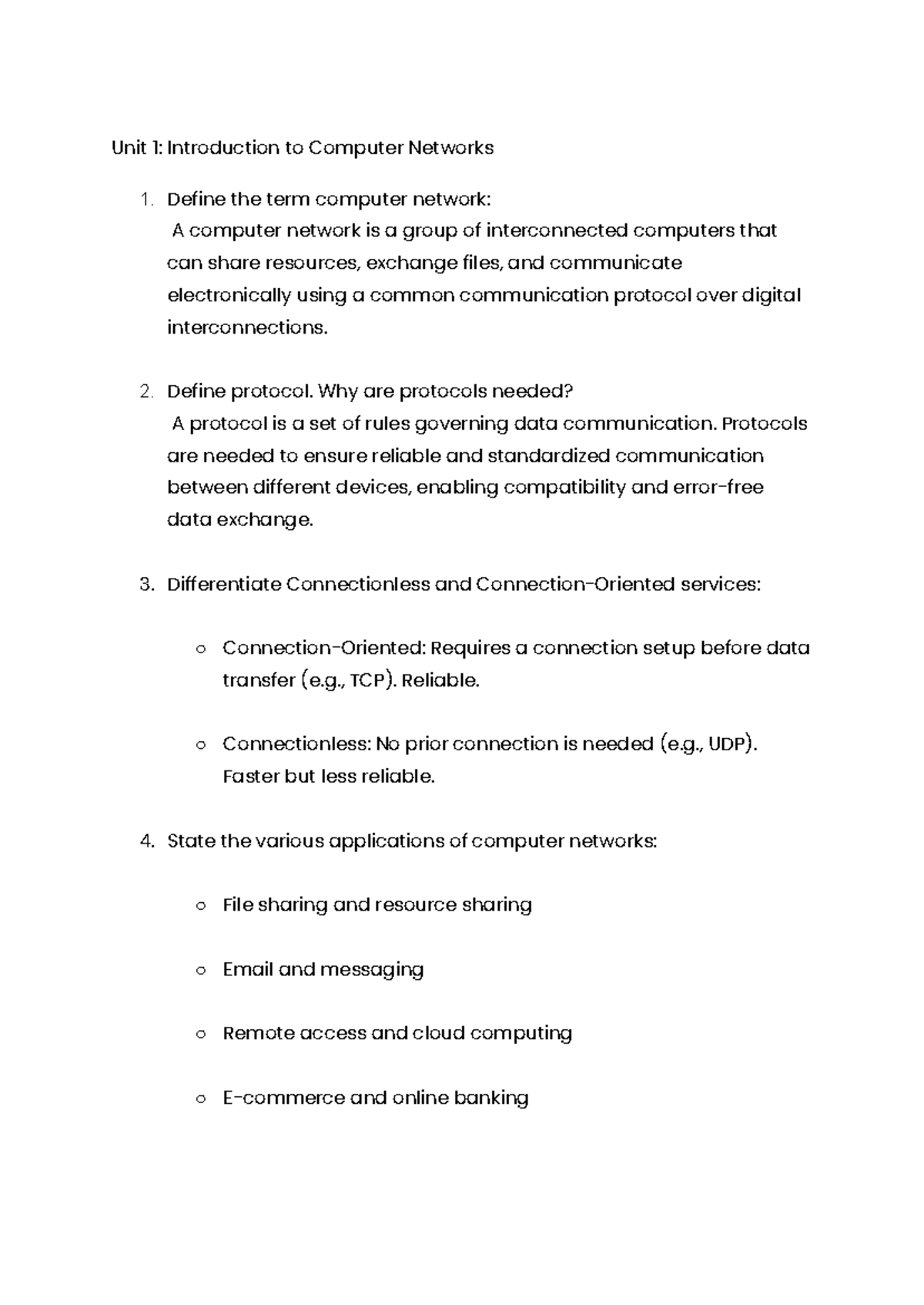 Computer Networks: Unit 1-5 Overview and Key Concepts (CSE 101) - Studocu