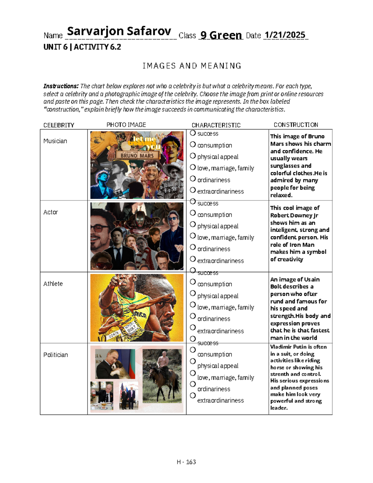 YR9 Celebrity Worksheet 2 - H - 163 Name ...