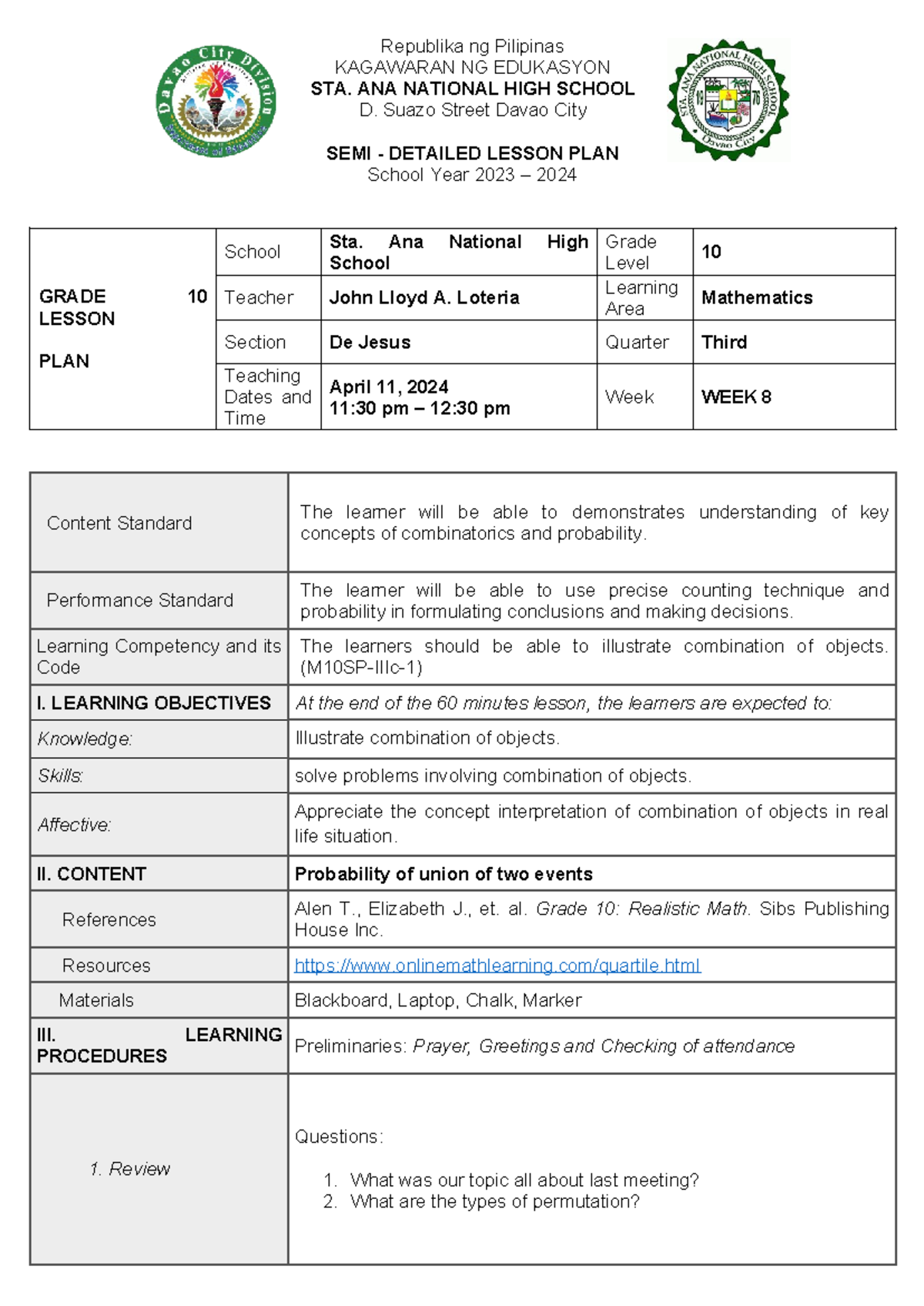 Grade 10 Mathematics Lesson Plan: Combination of Objects (M10SP-IIIc-1 ...