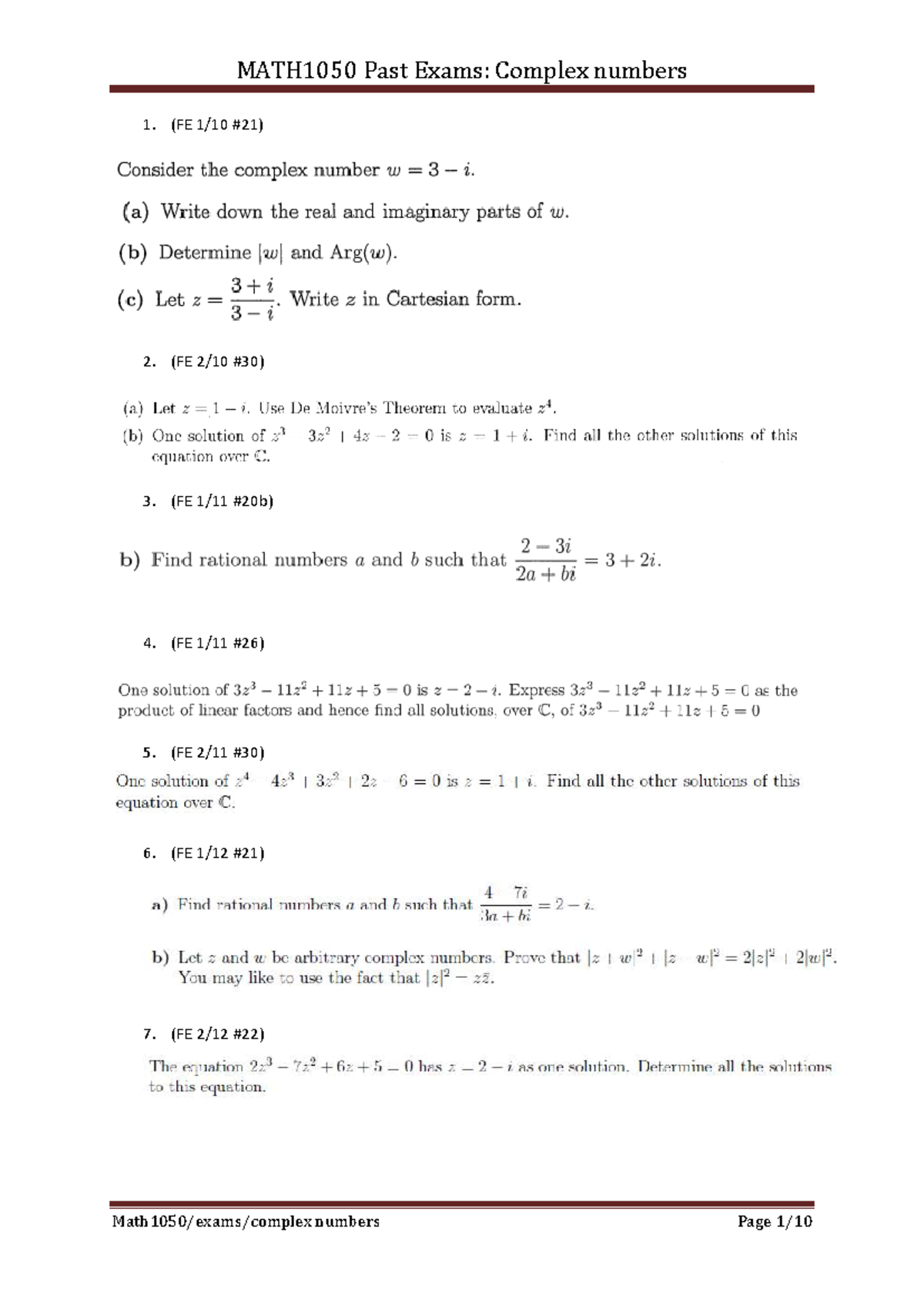 MATH1050 Complex Numbers Practice Exams: Past Finals & Midterms - Studocu
