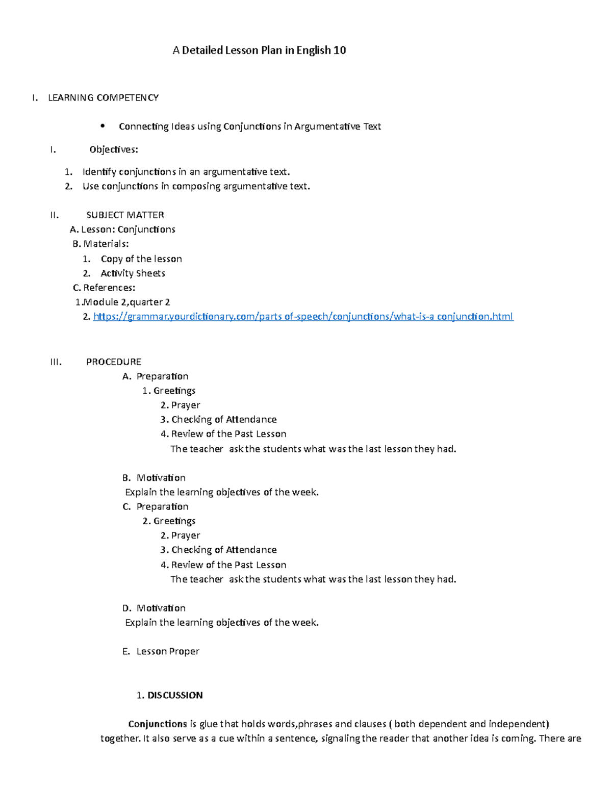 Detailed Lesson Plan on Conjunctions in English 10 - Teaching Guide ...
