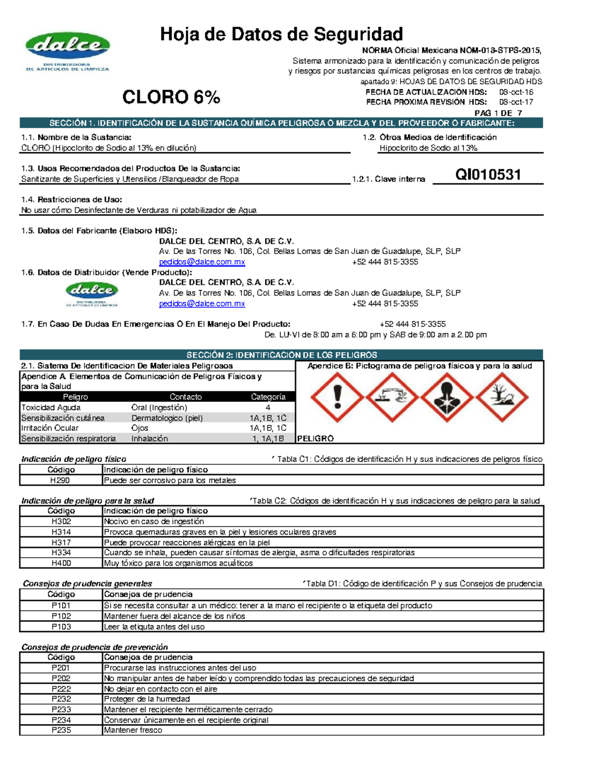 Hoja de Datos de Seguridad HDS: Cloro (Hipoclorito de Sodio) - Normativa Oficial - Studocu