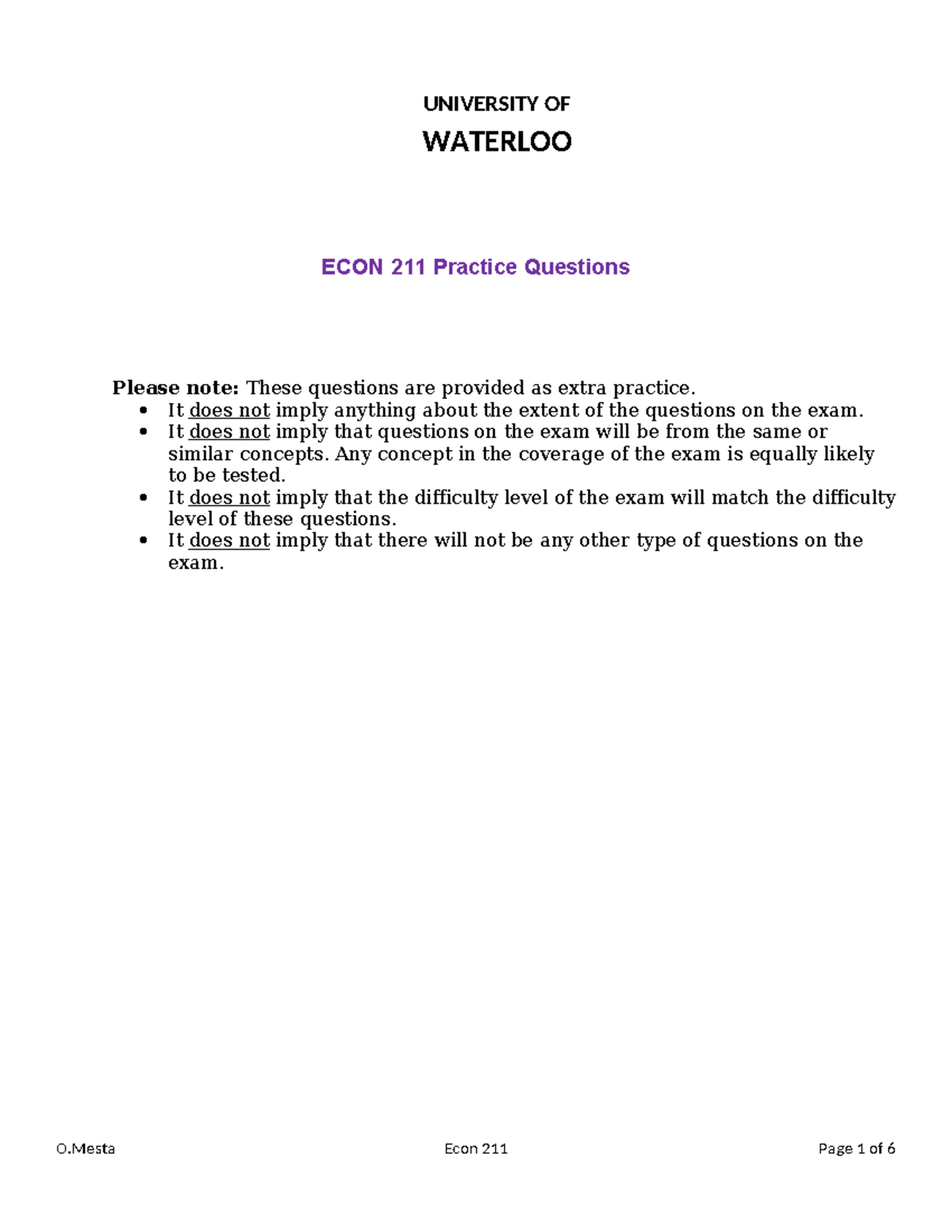 UNIVERSITY OF WATERLOO ECON 211 Midterm 1 Practice Questions - Studocu