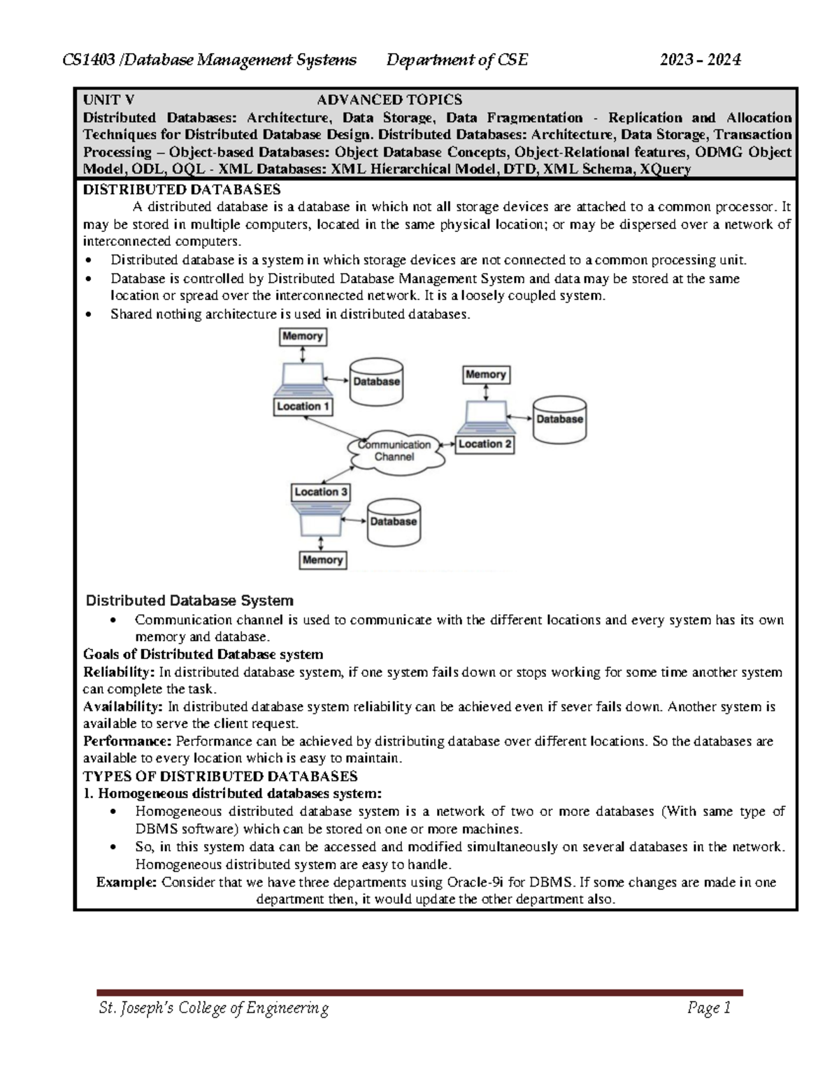 CS1403 Management Systems: Advanced Topics in Distributed Databases ...