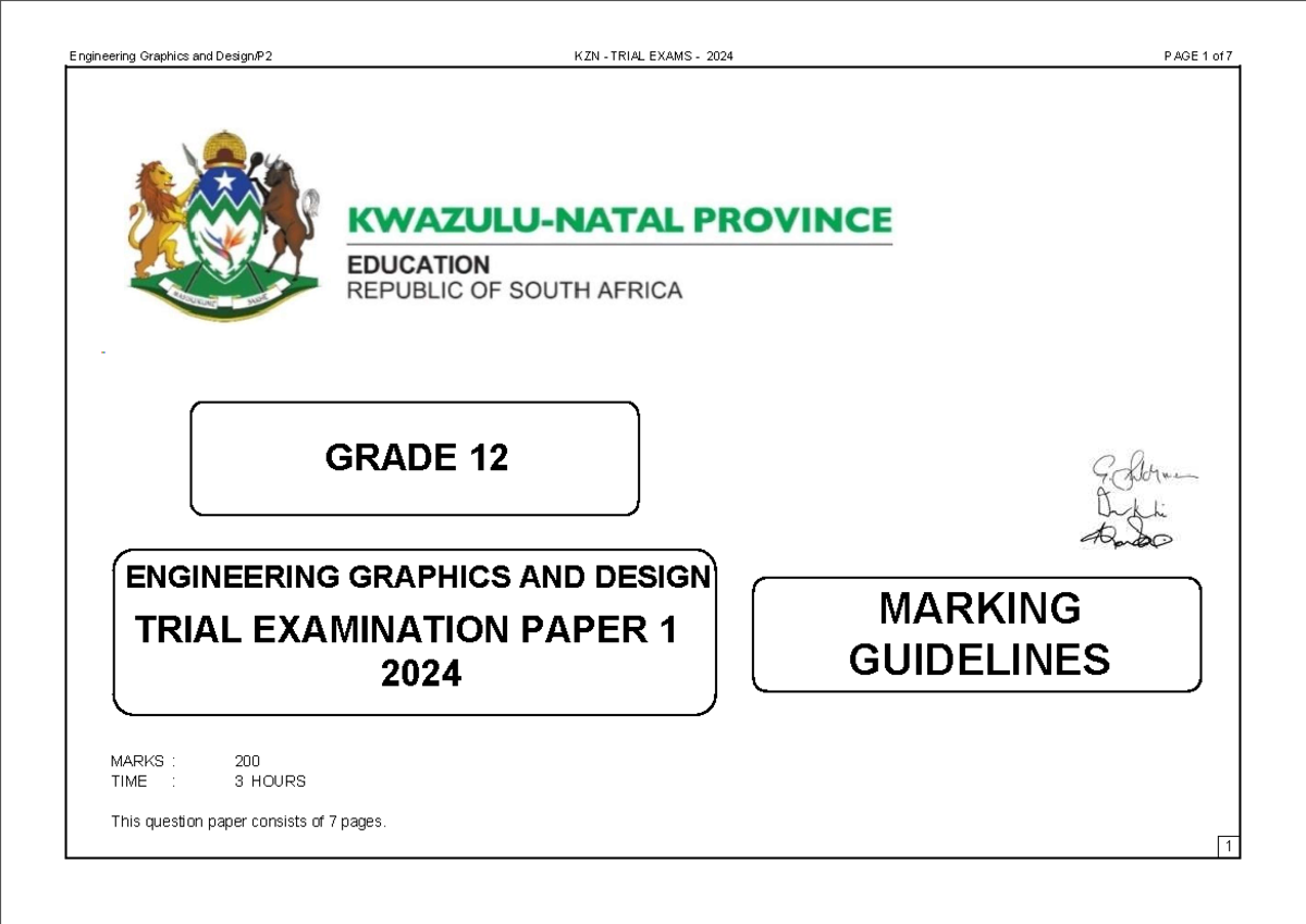 G12 T2024P1MG - Engineering Graphics & Design Trial Exam Memo - Studocu