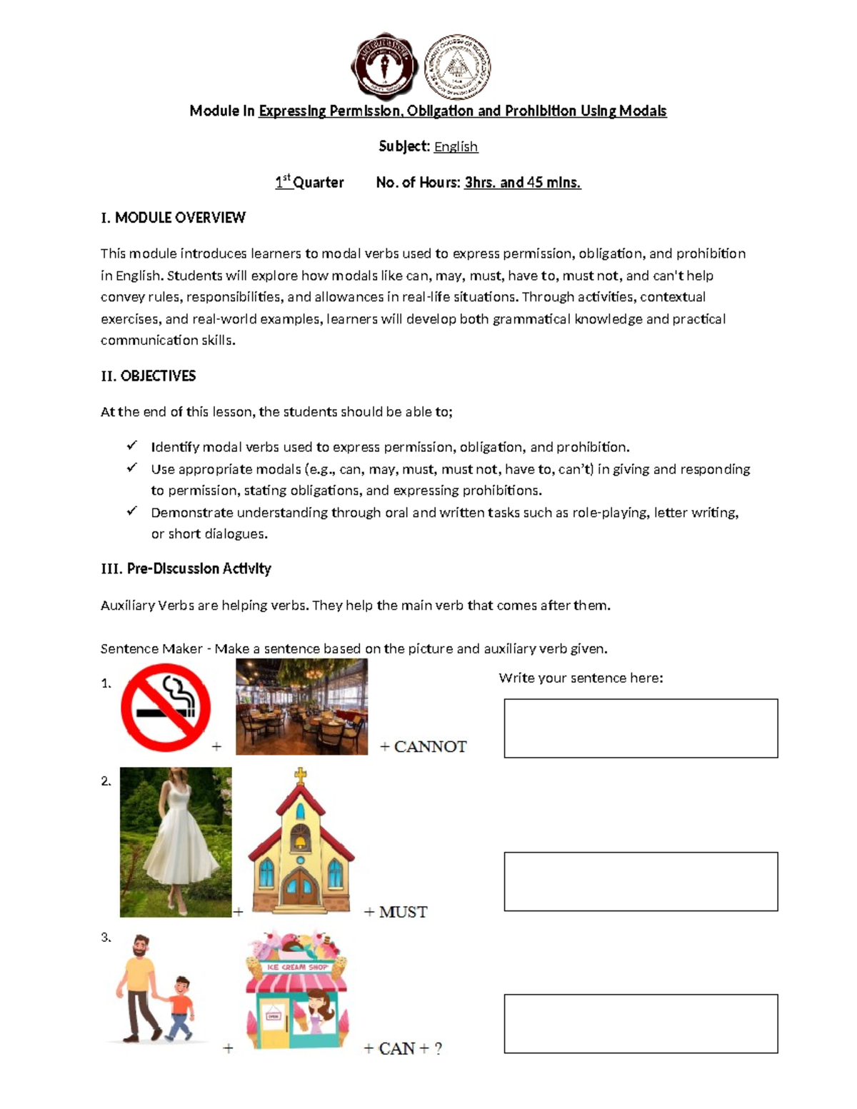 Grade 9 English: Module on Modals for Permission, Obligation ...