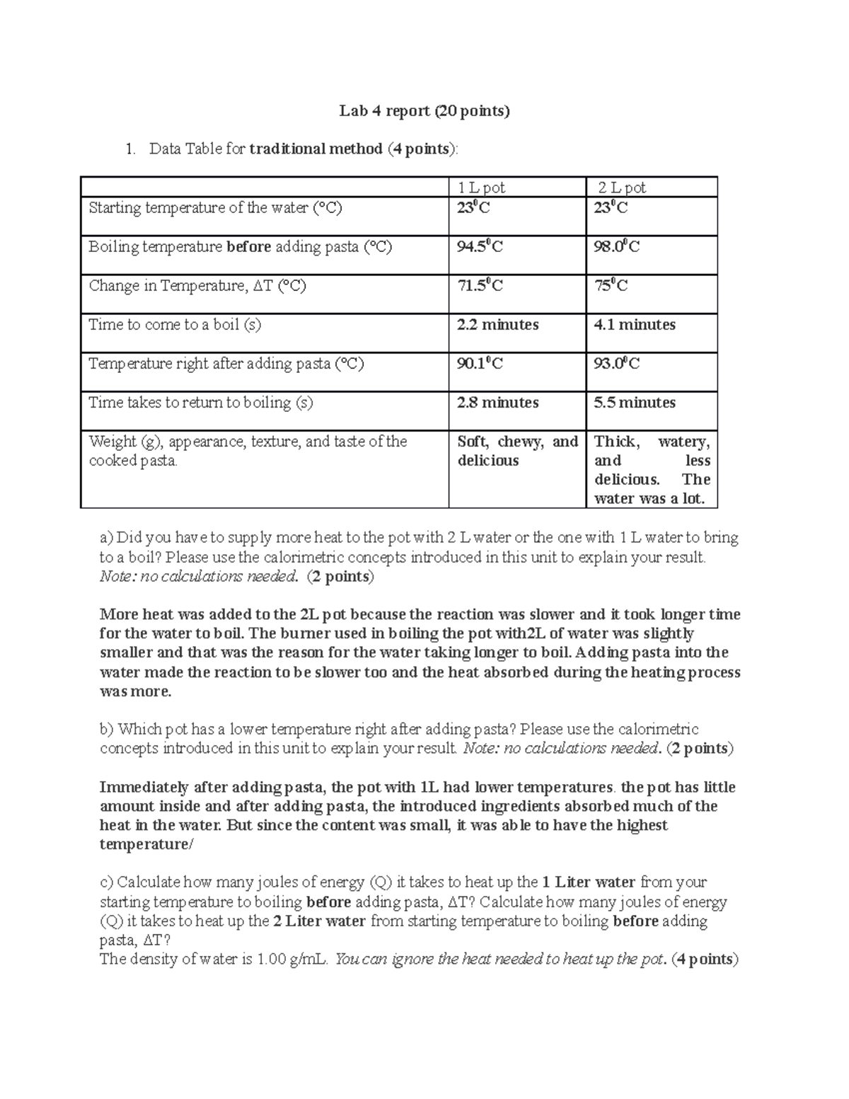 Lab4 report sheet revised - Lab 4 report (20 points) Data Table for traditional method (4 points ...