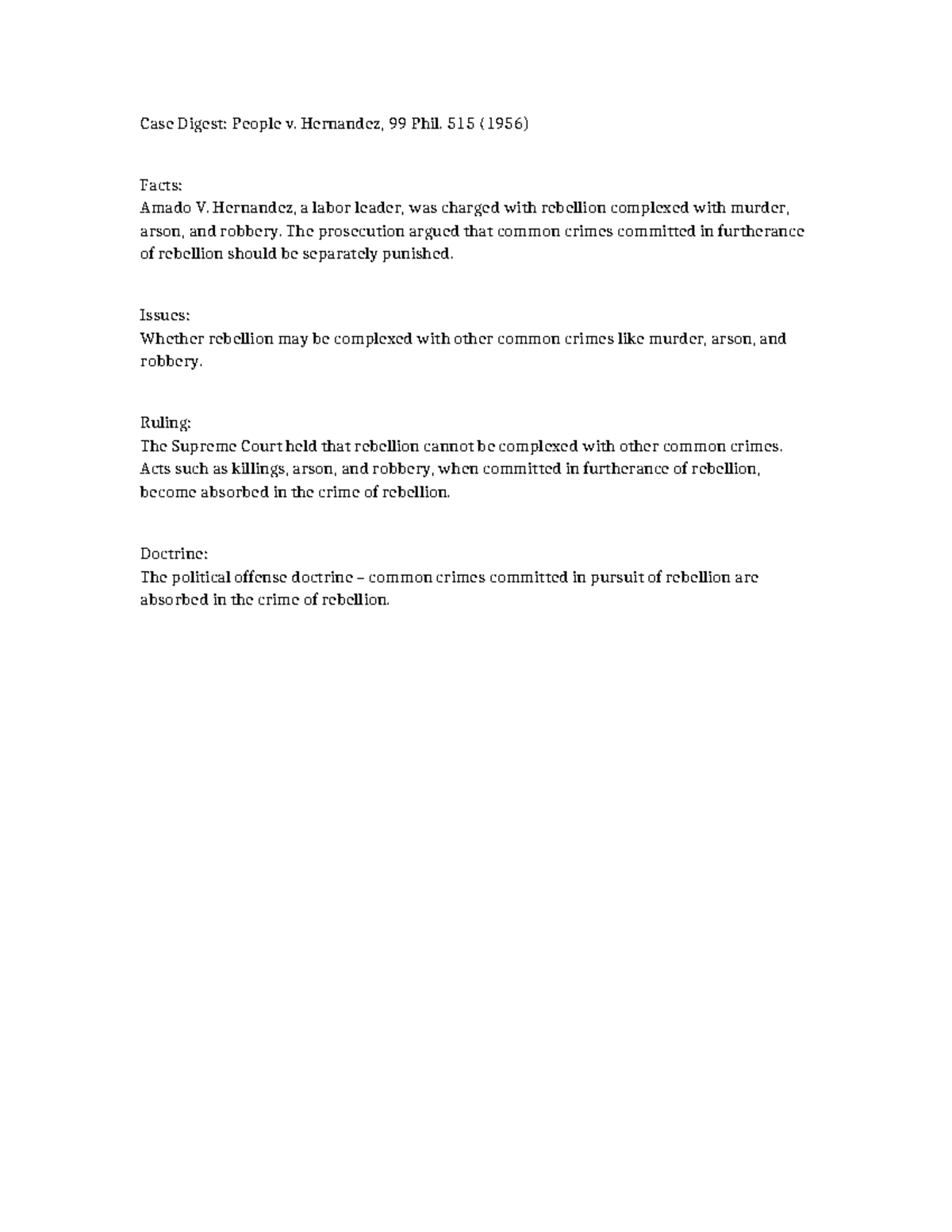 Case Digest: People v. Hernandez (99 Phil. 515, 1956) Analysis - Studocu