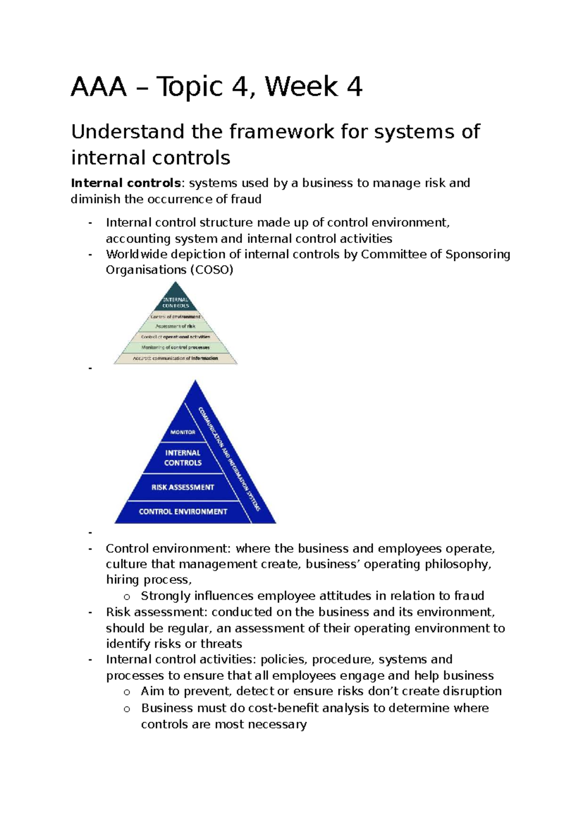 Topic 4, Week 4 - Internal Controls Framework Overview - Studocu