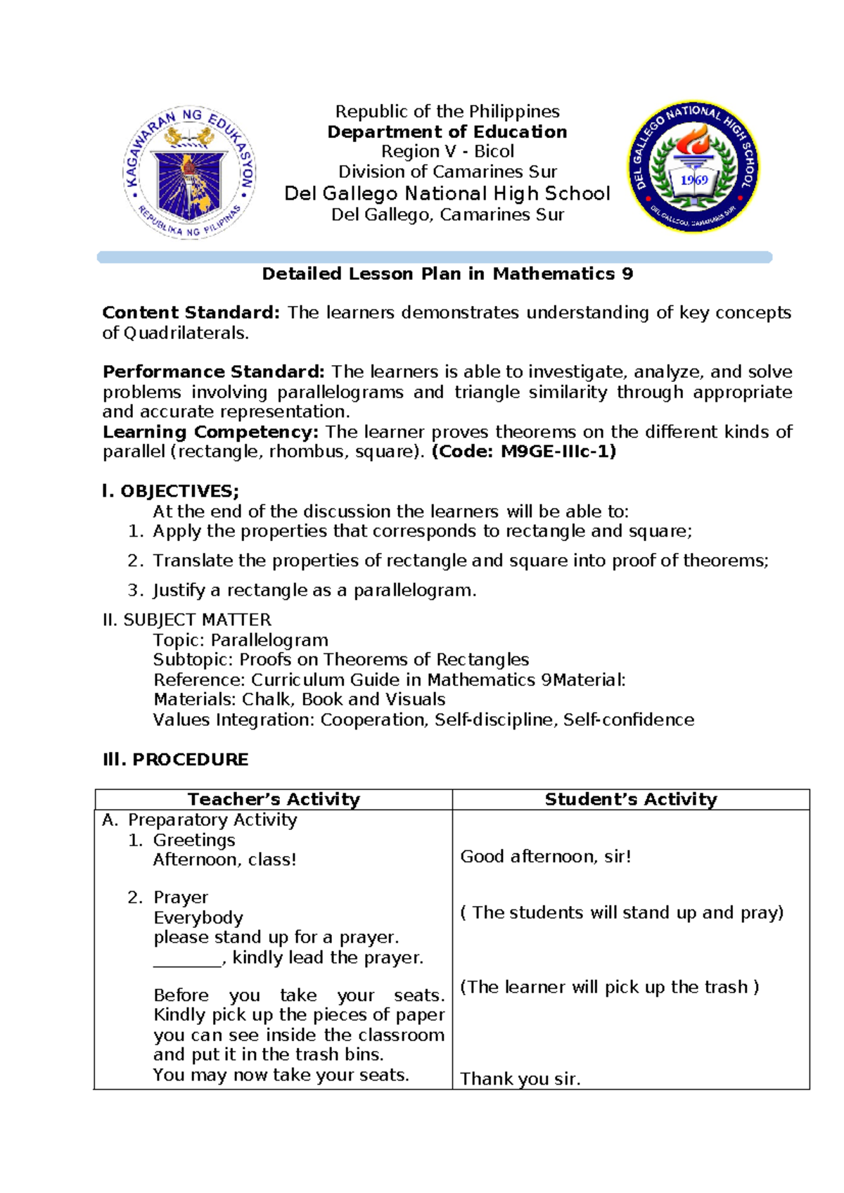Detailed Lesson Plan in Math 9: Understanding Quadrilaterals & Proofs ...