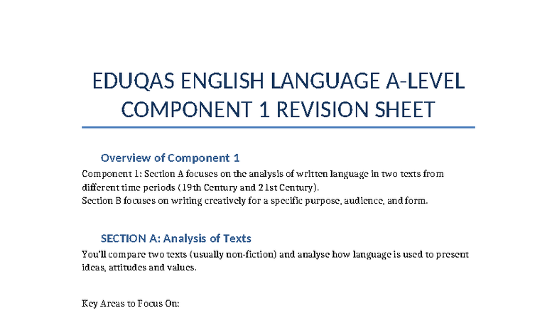 EDUQAS ENGLISH LANGUAGE COMPONENT 1 REVISION GUIDE - Studocu