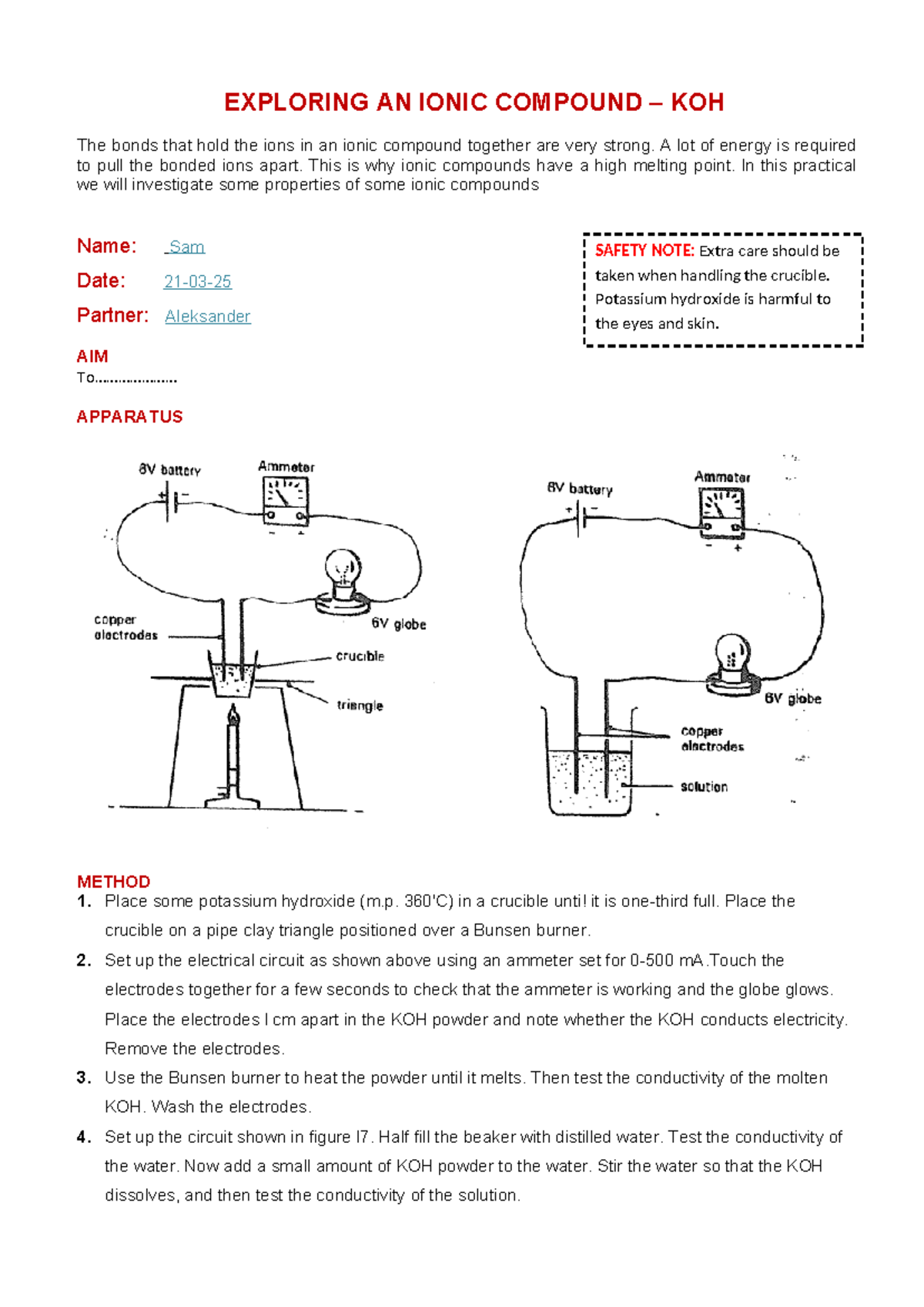 Investigation of KOH Ionic Compound Properties and Conductivity Experiment - Studocu