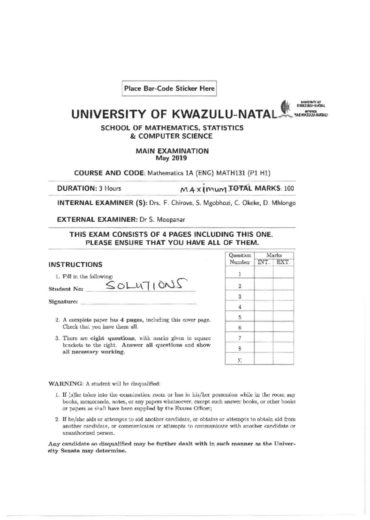 Mathematics 1A (ENG) MATH131 Final Exam - May 2019 - Studocu
