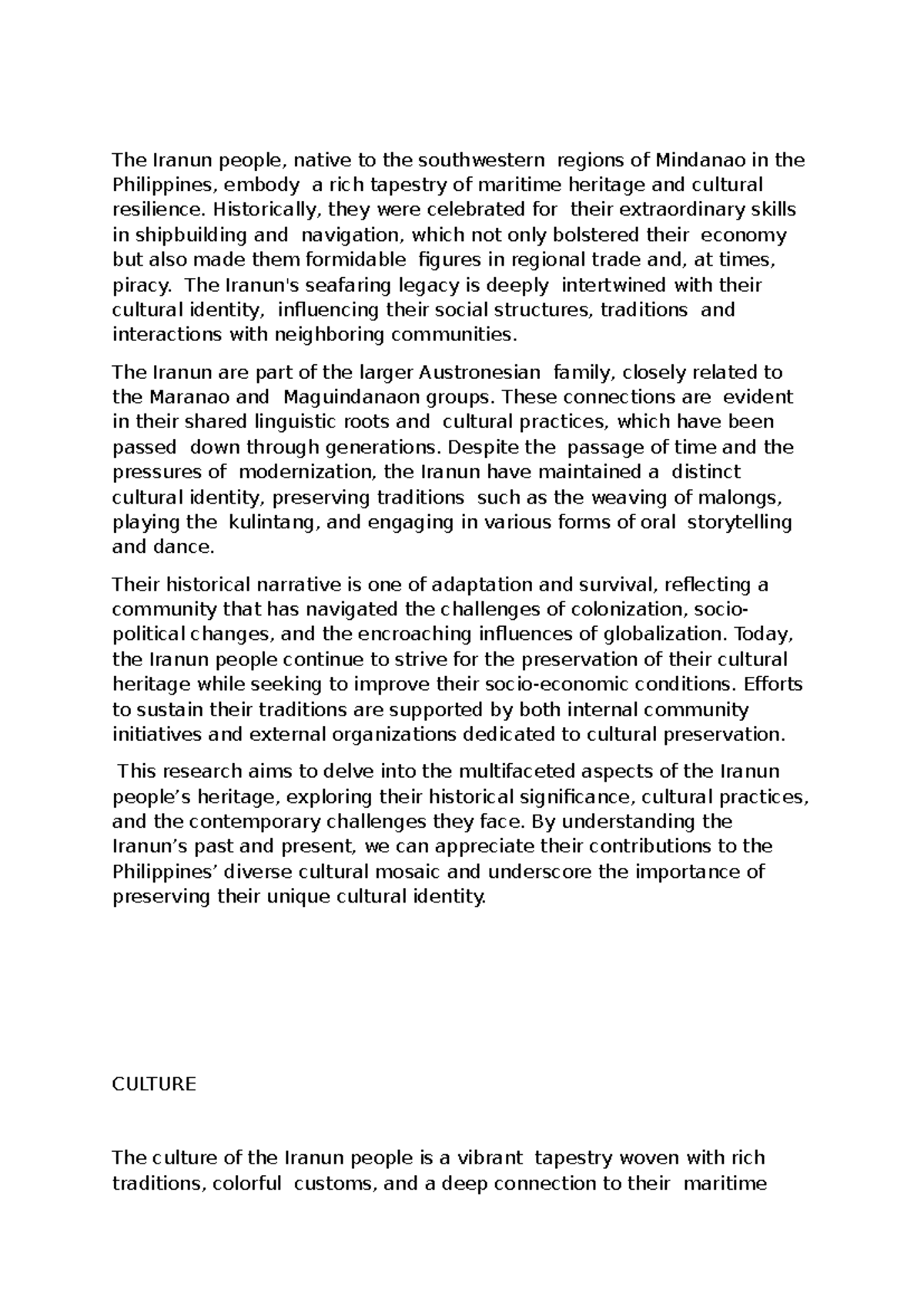 Iranun People: Exploring Their Cultural Heritage and Challenges - Studocu