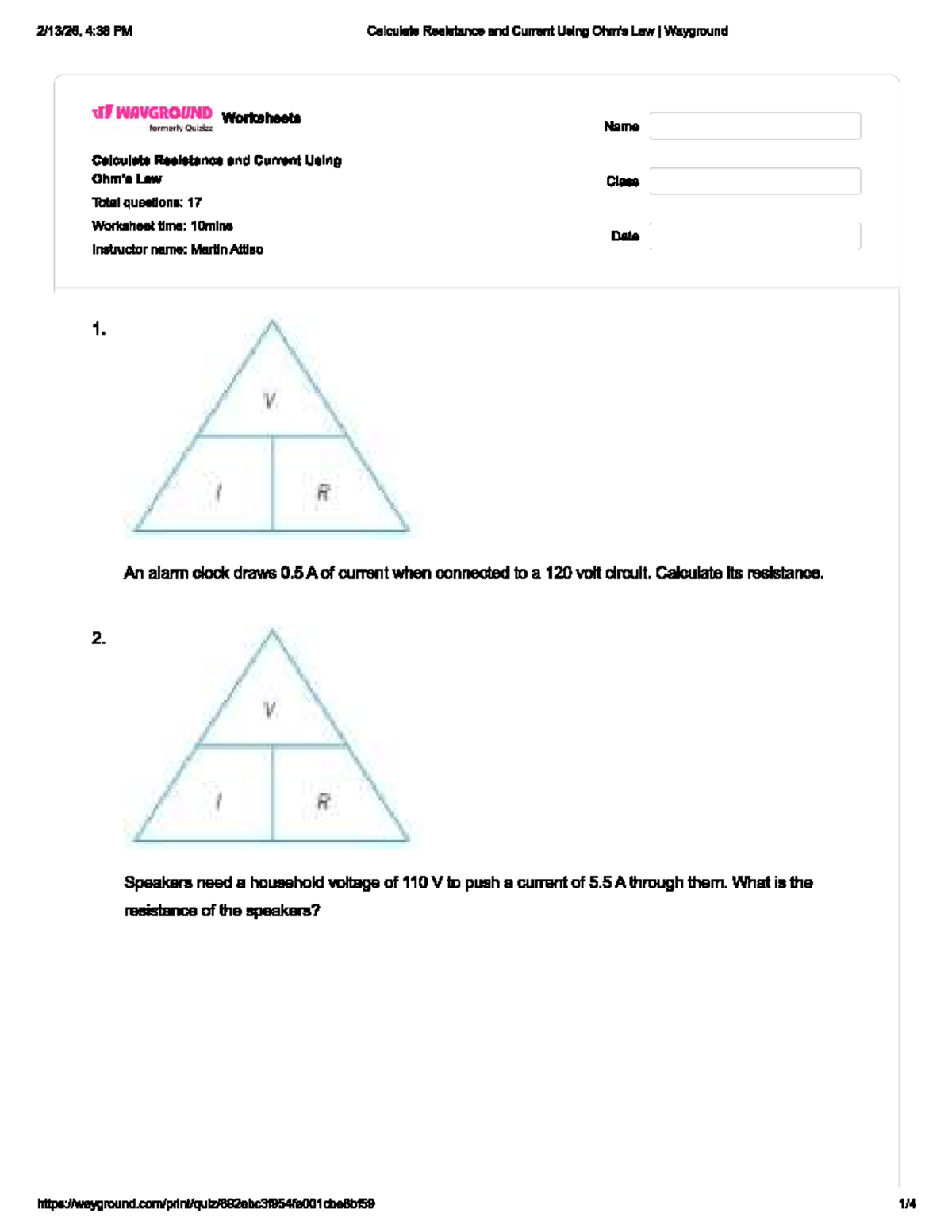 Calculate Resistance and Current Using Ohm's Law - WAYGROUND Worksheet ...