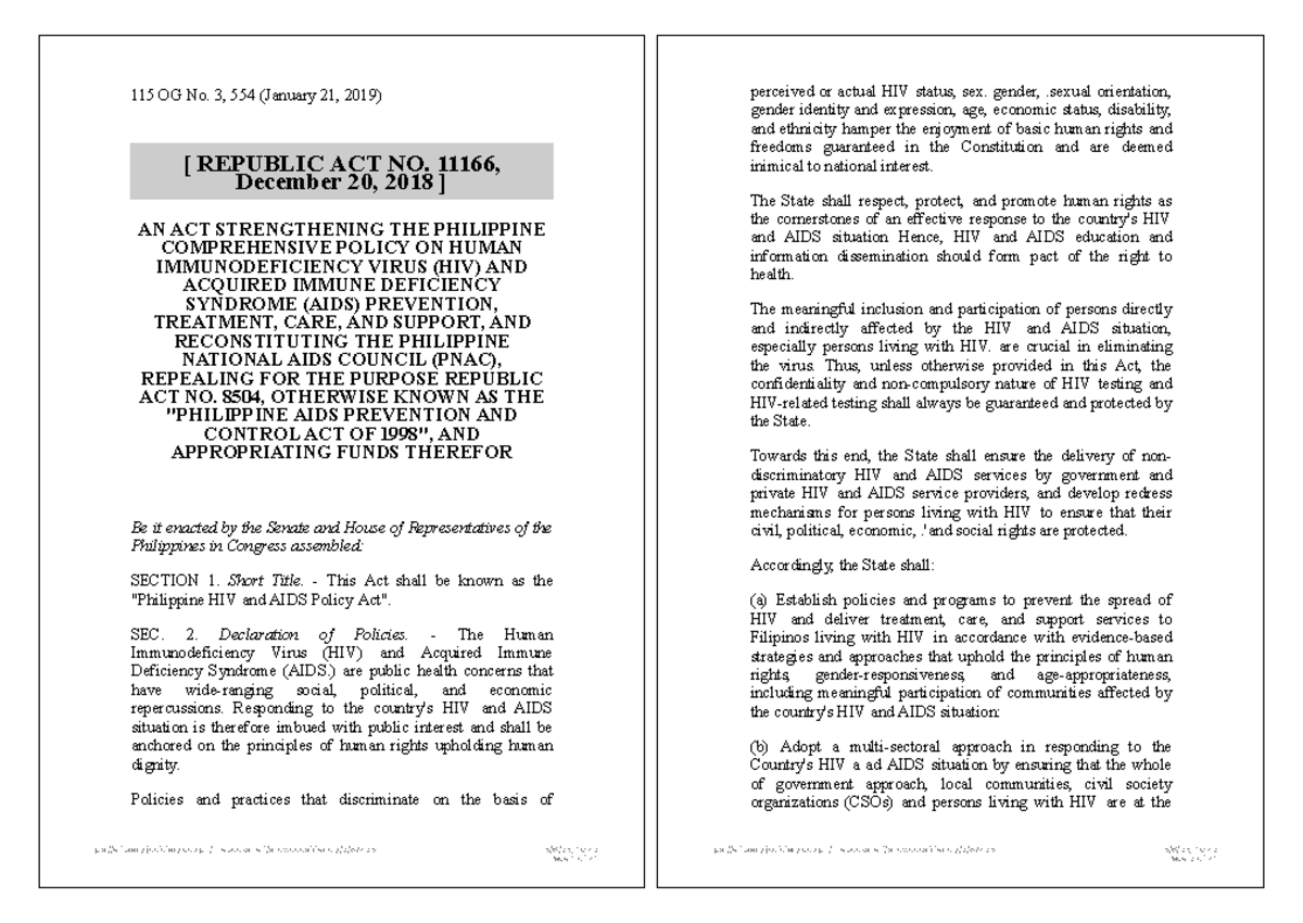 RA 11166 Philippine HIV and AIDS Policy Act of 2018 - 115 OG No. 3, 554 ...
