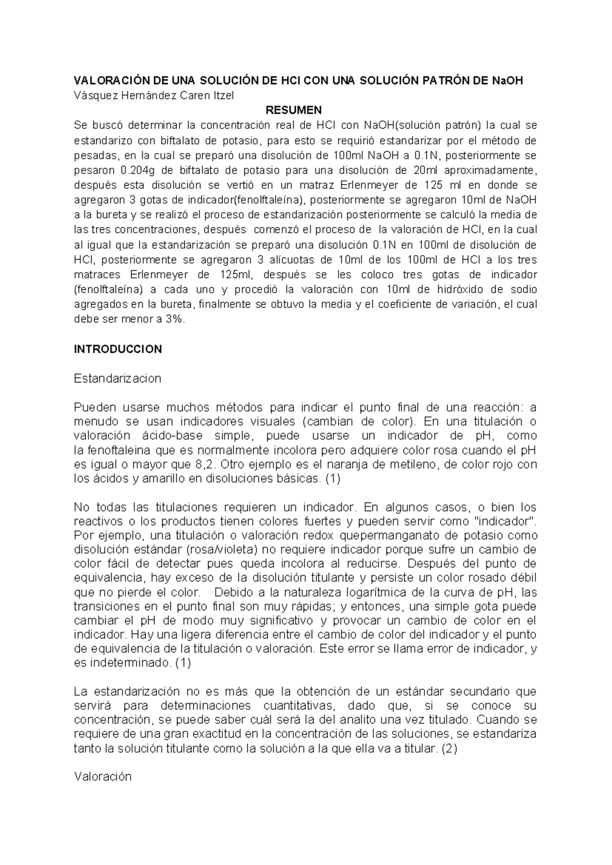 Estandarización y Valoración de HCl con NaOH - Química Analítica - Studocu