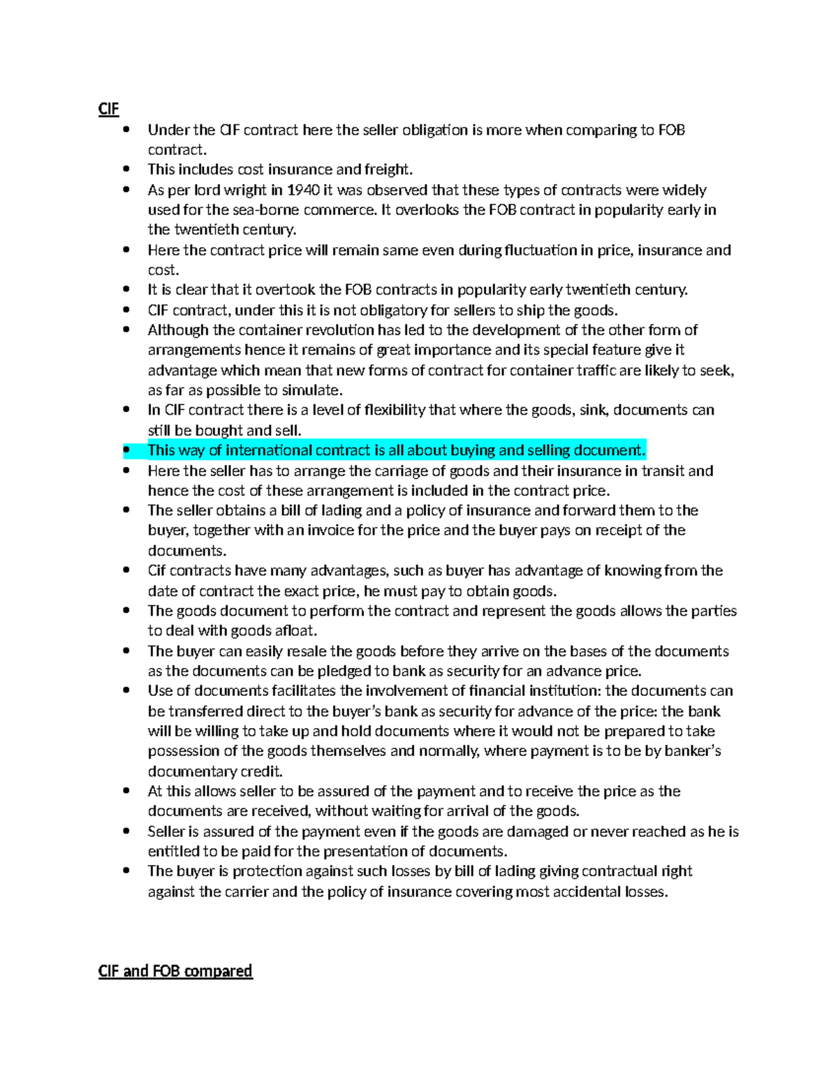 CIF Contract Analysis: Comprehensive Notes on CIF vs. FOB - Studocu