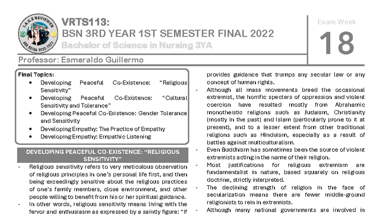 VRTS113: BSN 3RD YEAR 1ST SEMESTER FINAL 2022 - Empathy & Sensitivity ...