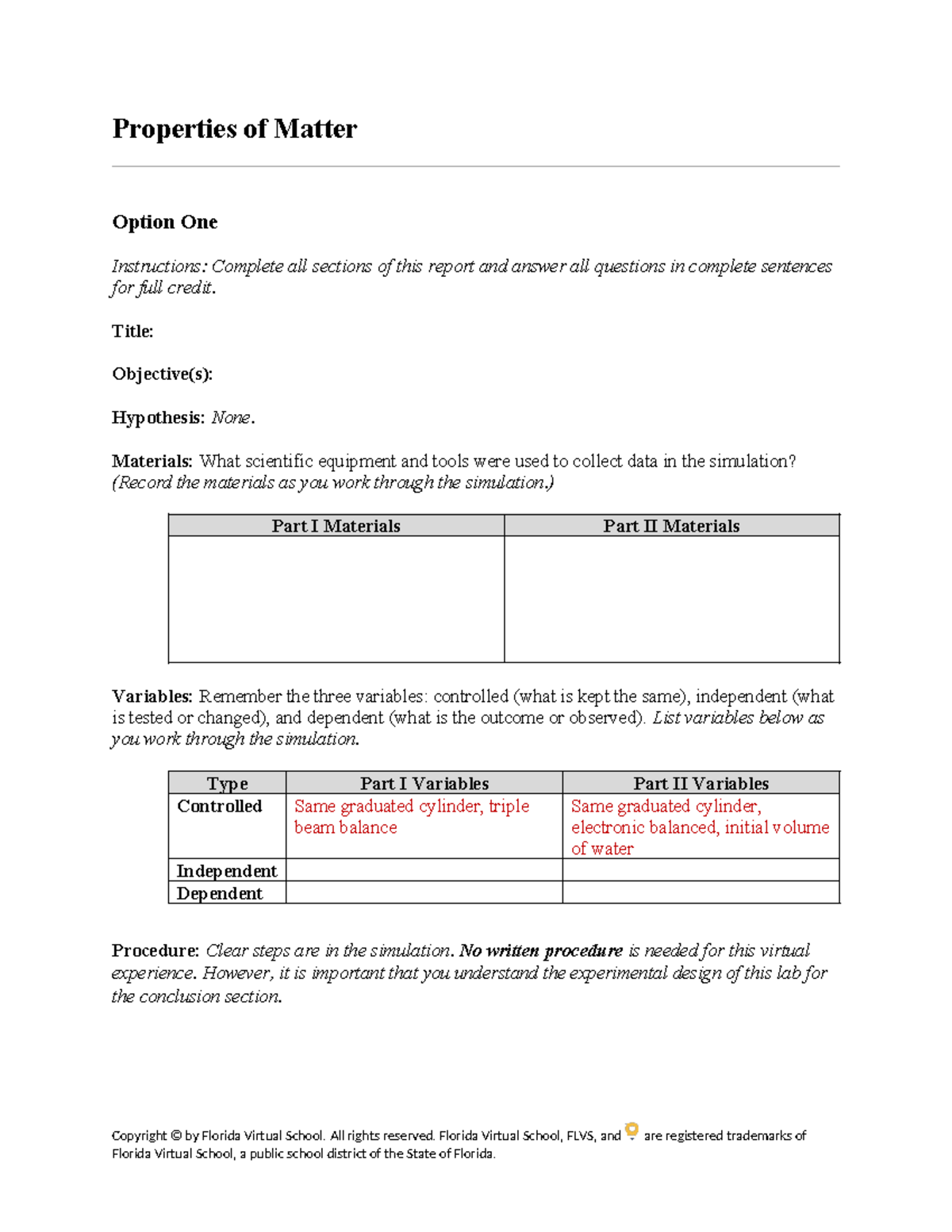 Properties of Matter Lab Report (Option 1) - Studocu