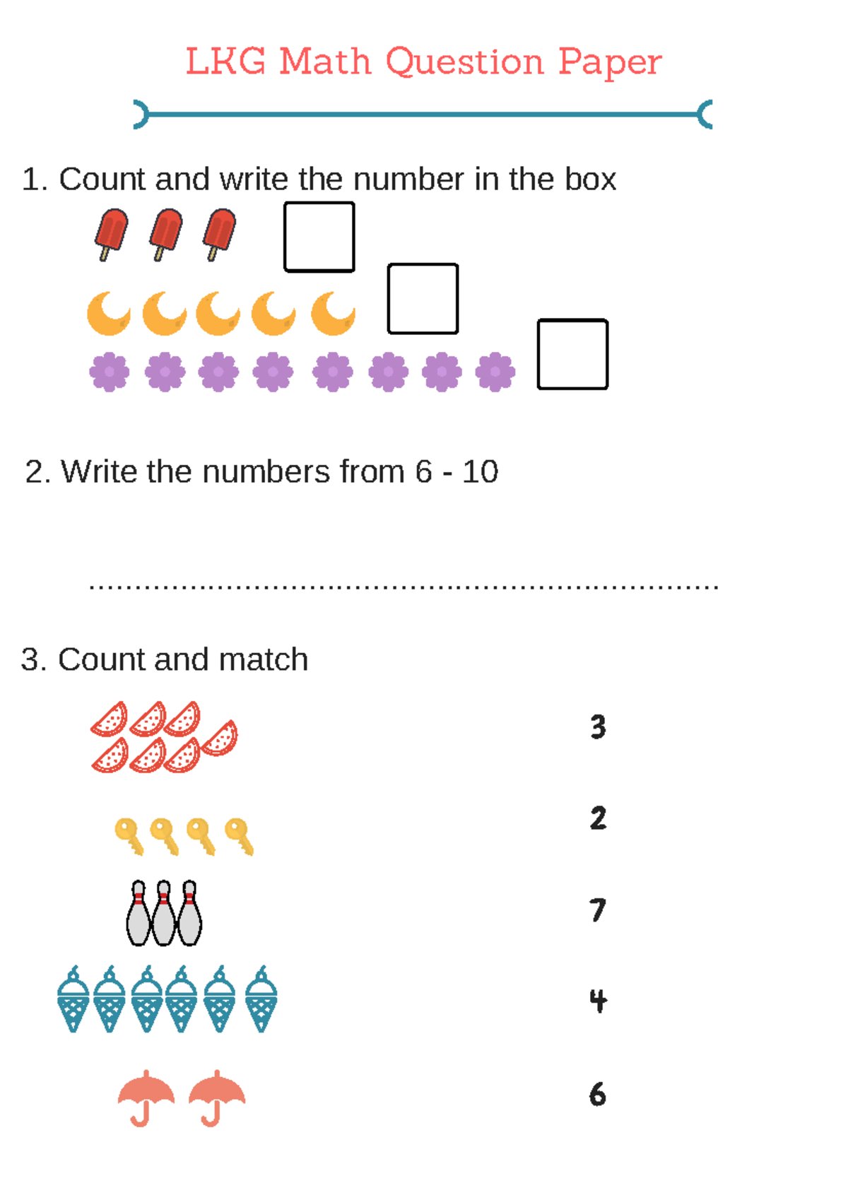 LKG Math Question Paper 1: Counting, Matching, and Ordering Numbers ...