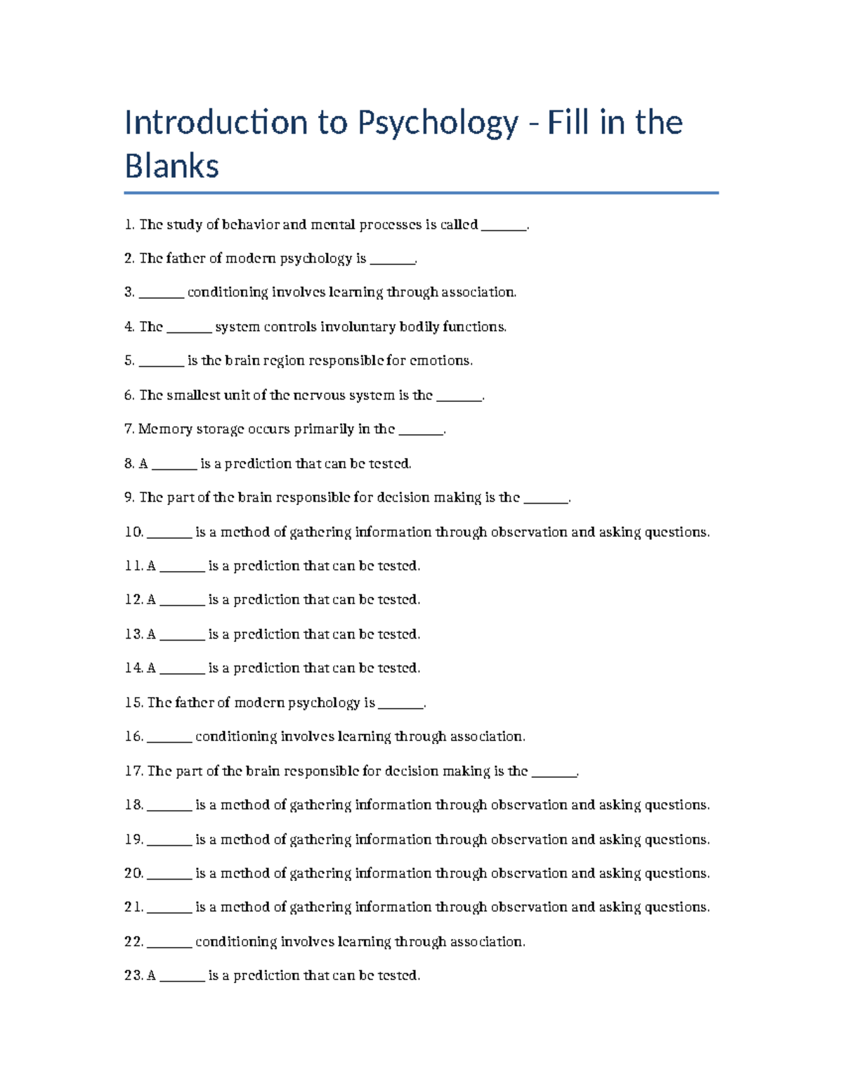 Psychology fitb set1 - Fill in the blanks - Introduction to Psychology ...