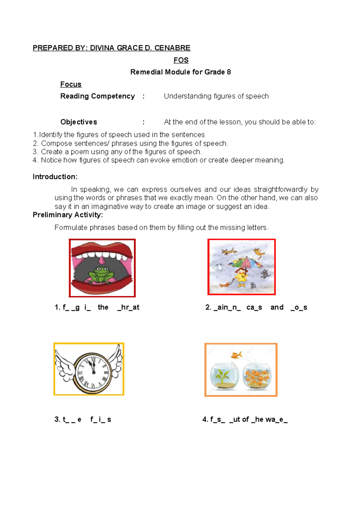 Grade 8 Figures of Speech Activity Sheet - Remedial Module - Studocu