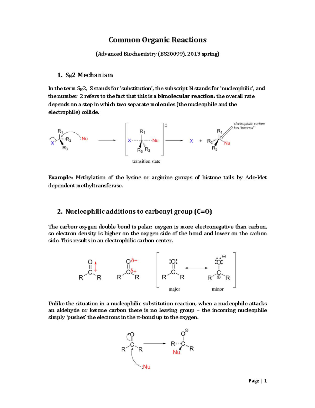 Common Organic Reactions - Advanced Biochemistry (BS20099) Notes - Studocu