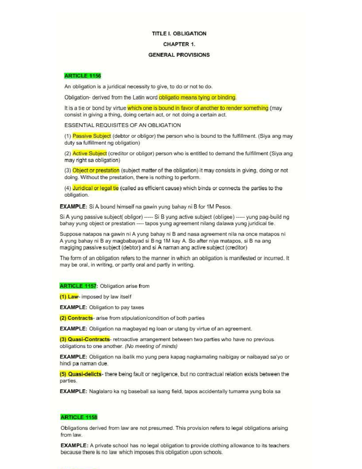 Obligation Law Reviewer (Oblicon) - Chapter 1: General Provisions - Studocu