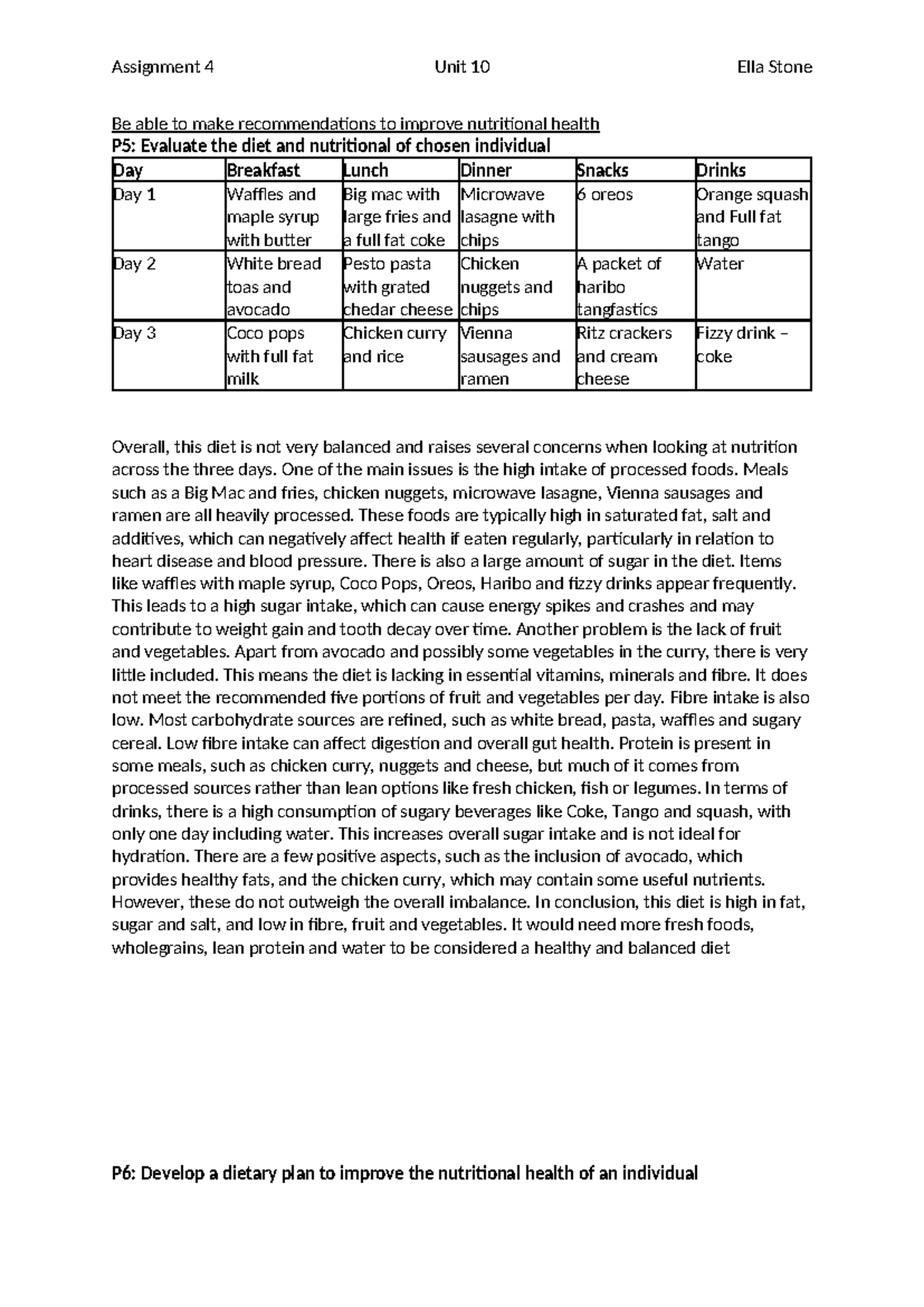 Assignment 4 Unit 10: Nutritional Health Recommendations and Dietary ...