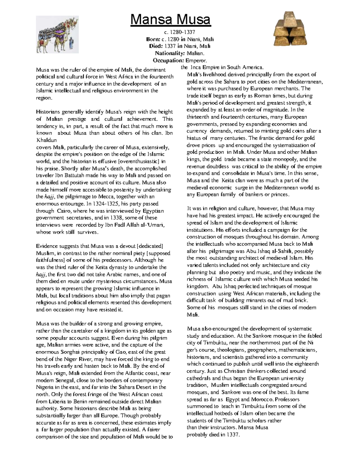 Mansa Musa: Empire, Wealth, and Islamic Influence in Mali (HIST 101 ...