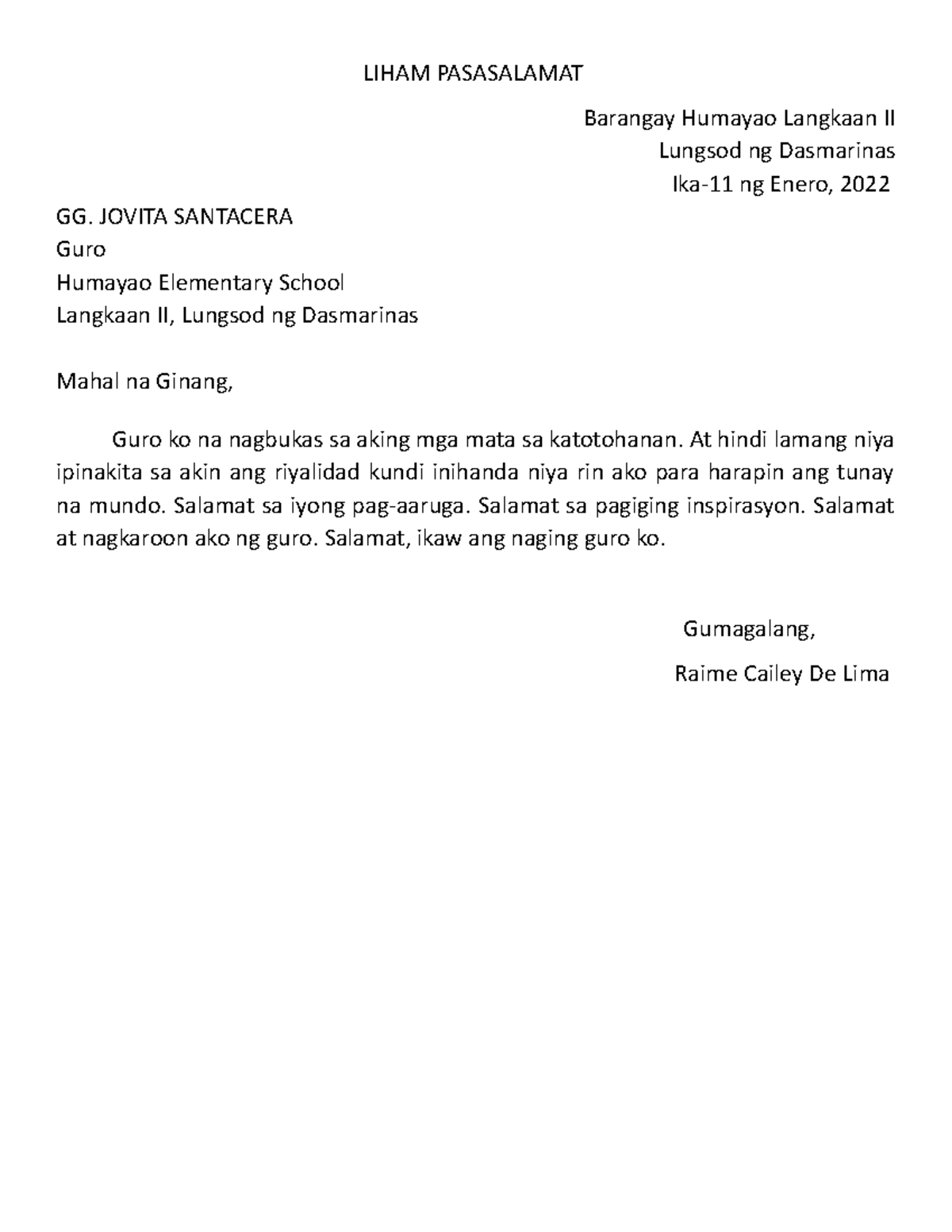 Liham Pasasalamat - LIHAM PASASALAMAT Barangay Humayao Langkaan II ...
