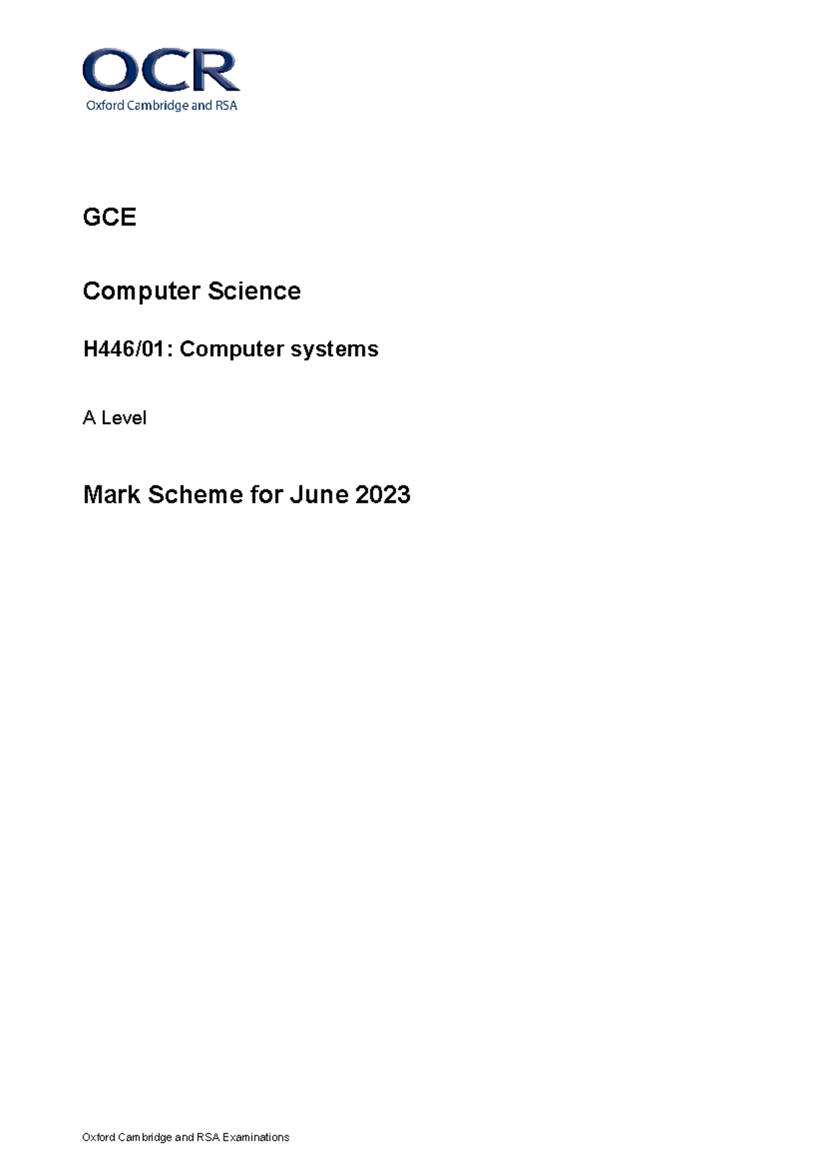 Mark Scheme H446/01: A Level Computer Systems June 2023 - Studocu