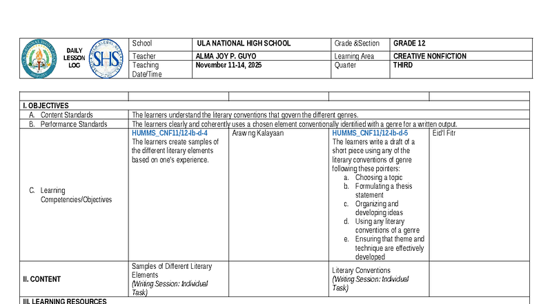 DAILY LESSON LOG: CREATIVE NONFICTION GRADE 12 - WEEK 2 - Studocu