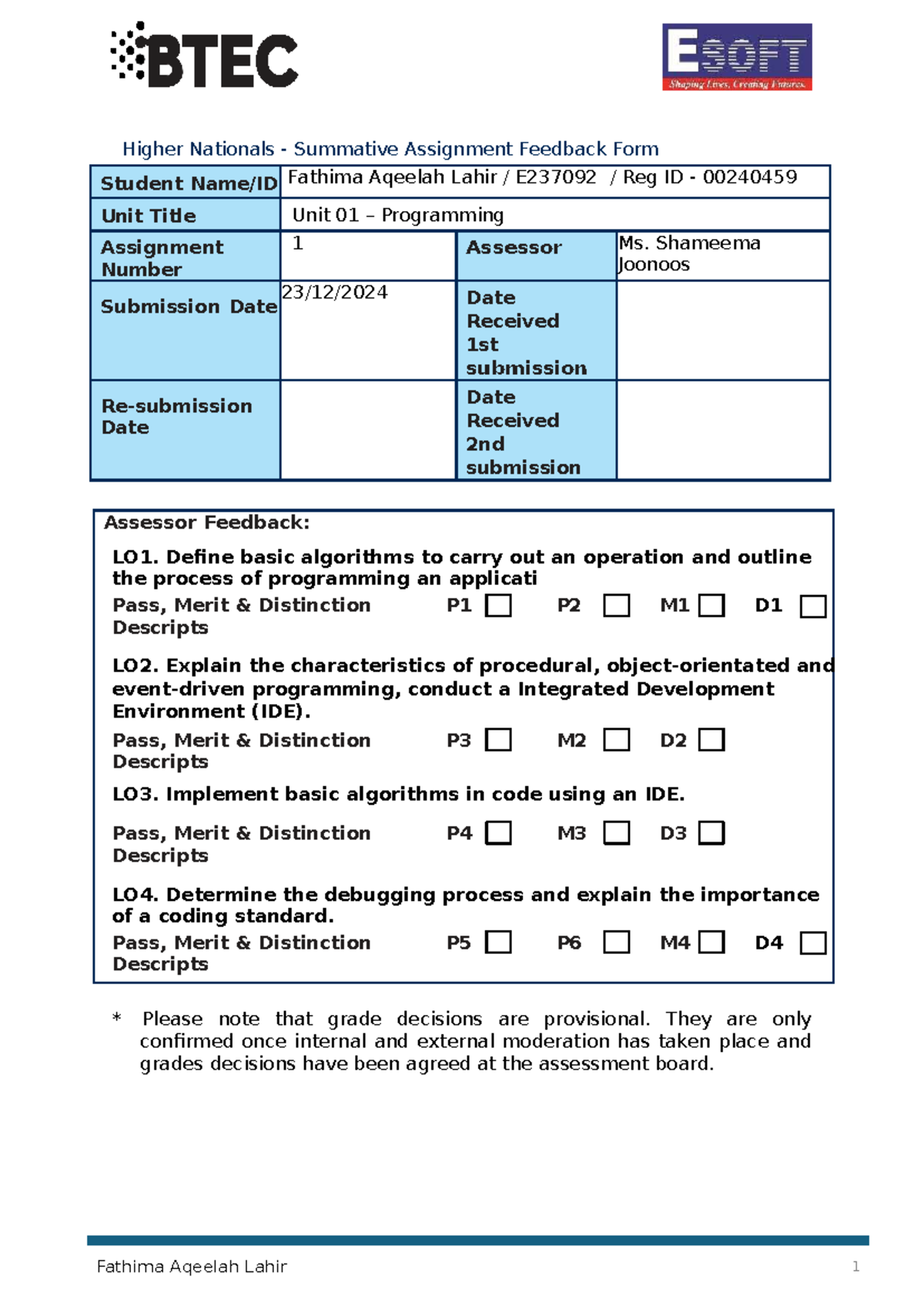 BTEC HND Computing Unit 01 Programming assignment feedback form - Studocu