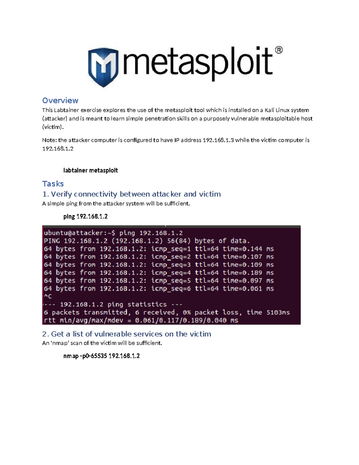Metasploit Labtainer Exercise: Penetration Testing Overview - Studocu