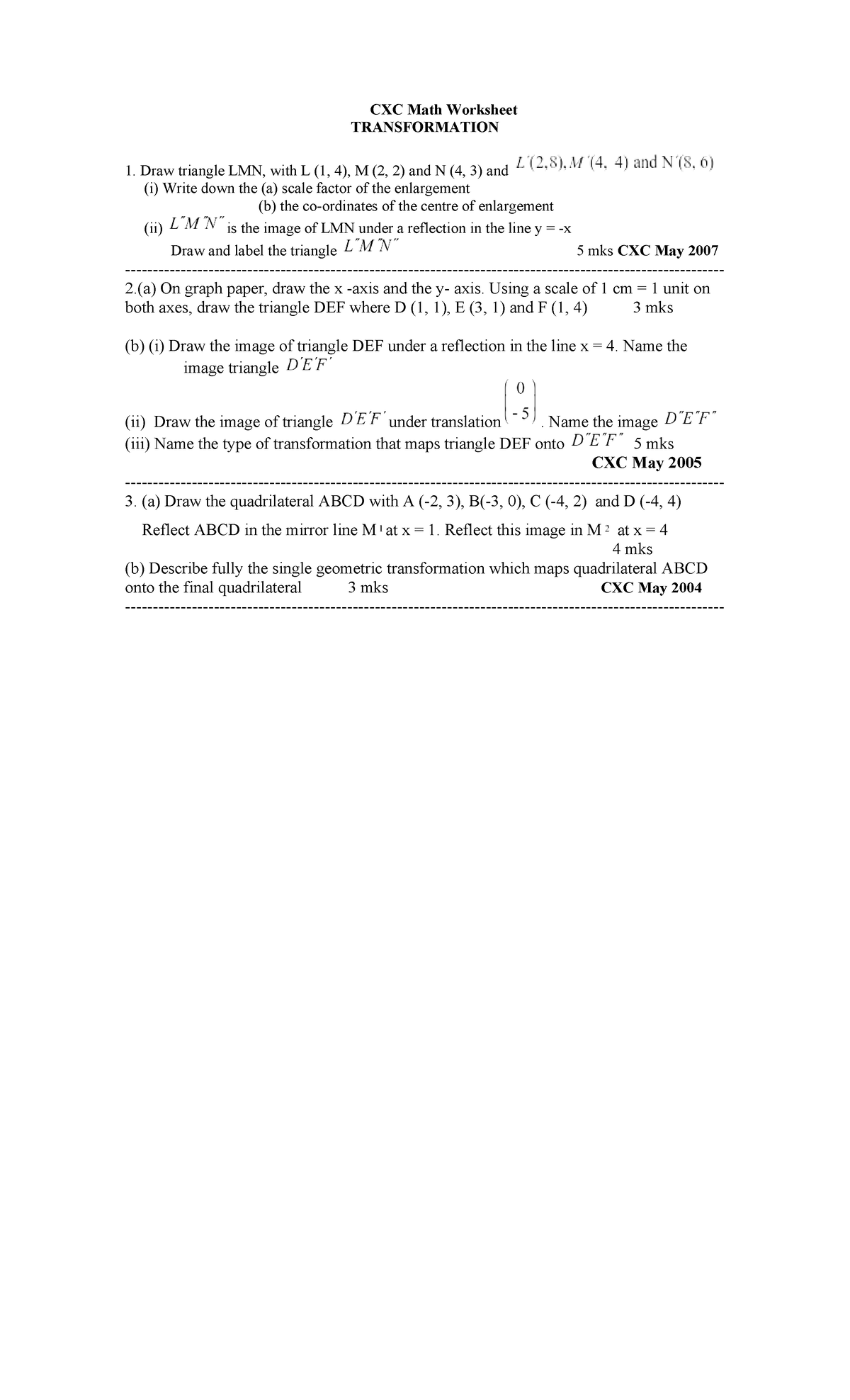 CXC Math Worksheet: Transformations and Reflections Practice - Studocu