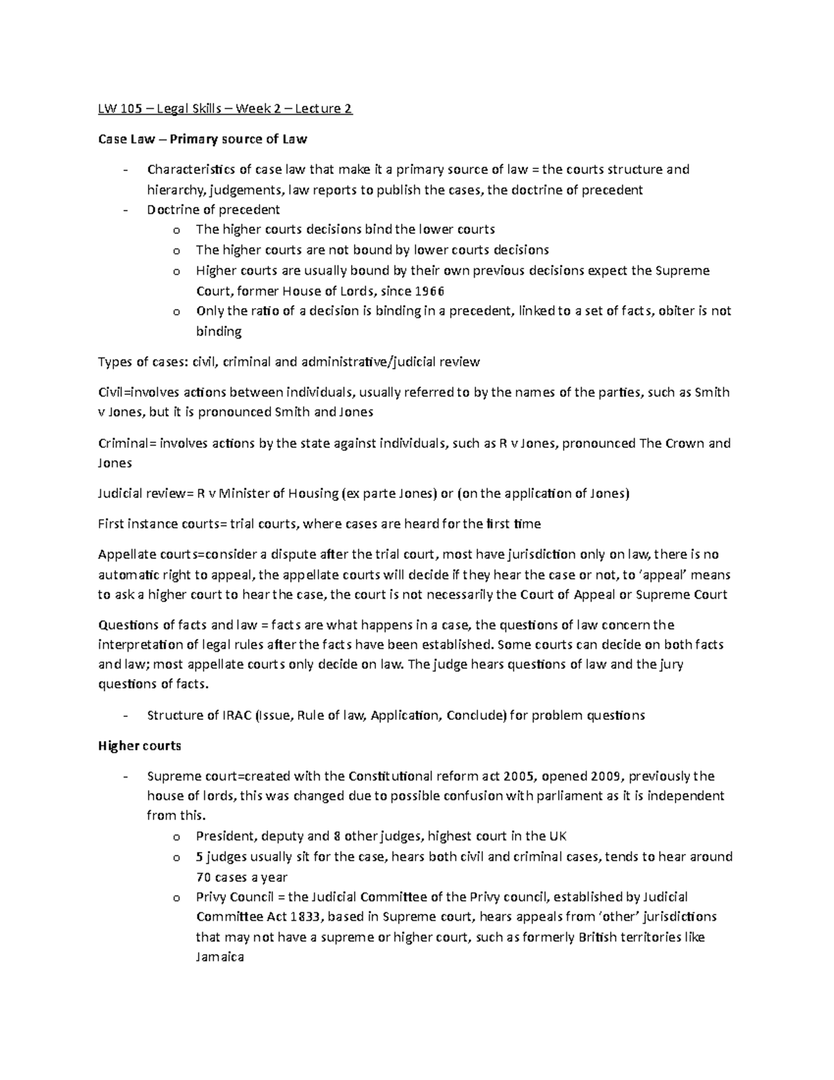 LS- Lecture 2 - Primary sources of law - Case law - LW 105 – Legal ...
