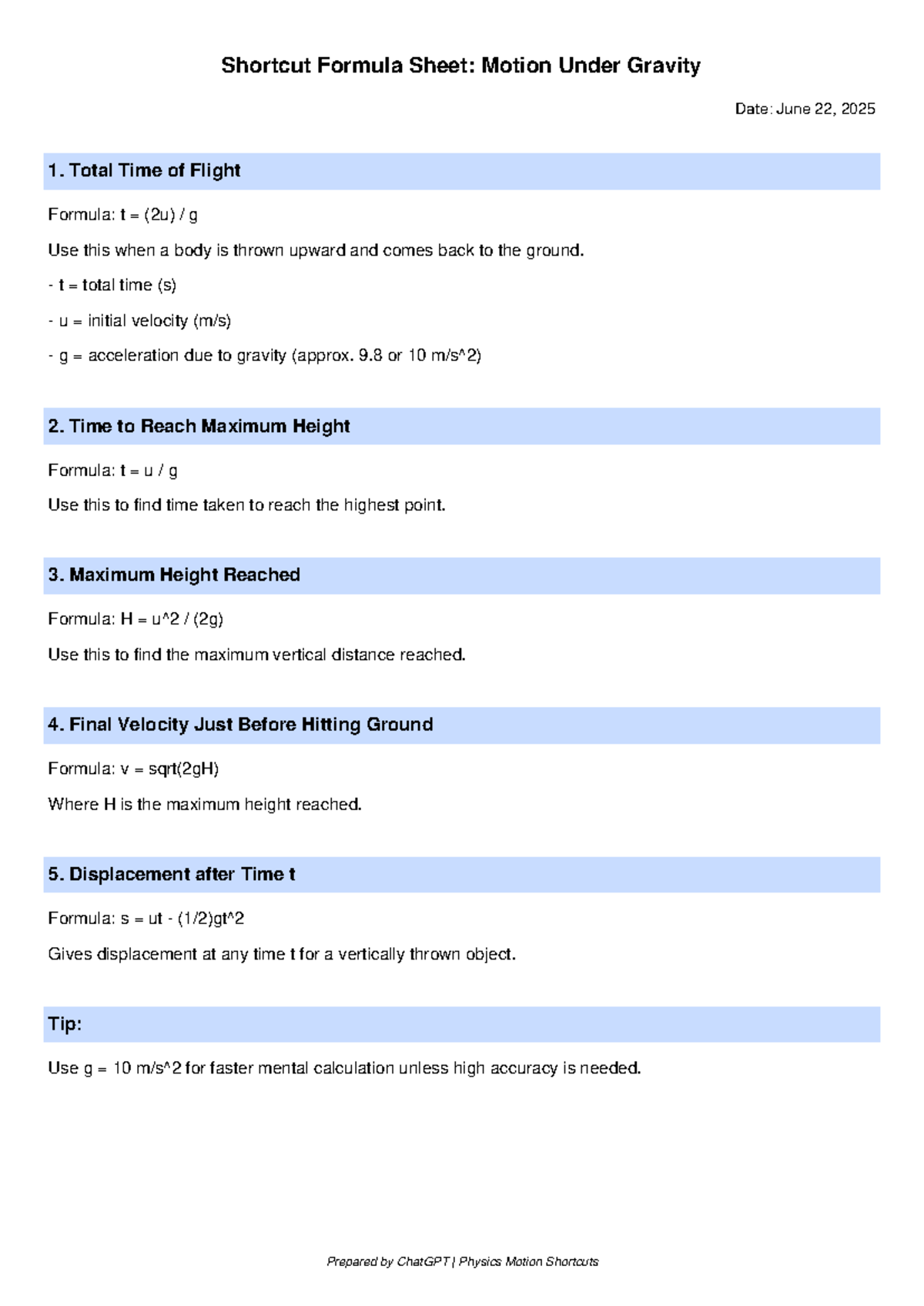 Motion Shortcut Formula Sheet: Gravity (PHYS 101) - Studocu
