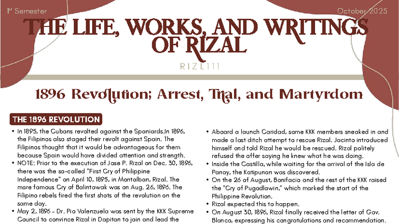 1.10 - 1896 Revolution: Arrest, Trial, and Martyrdom of Rizal - Studocu